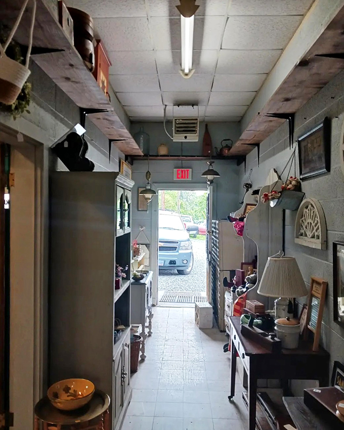 The narrow hallway creates a treasure tunnel effect, where every glance reveals something you suddenly can't live without.