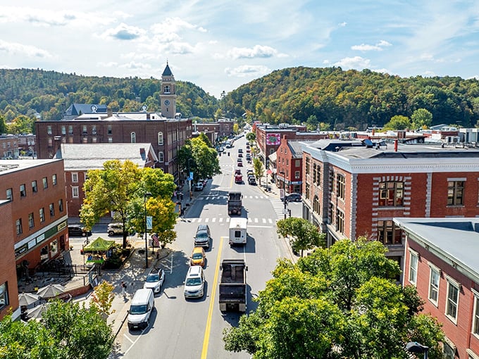 The bird's-eye view of downtown reveals Montpelier's perfect proportions – just enough city to be interesting, just enough nature to be Vermont.