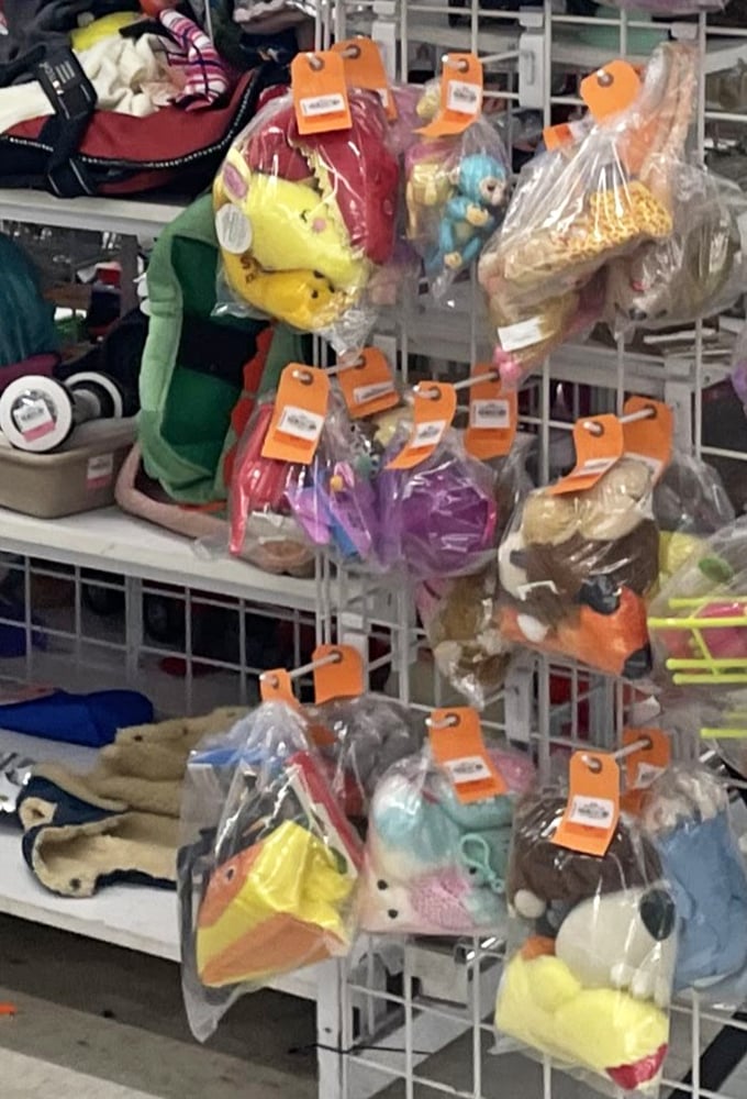 Stuffed animals bagged and tagged, waiting for second chances at cuddles. Childhood joy doesn't need to come with a hefty price tag.