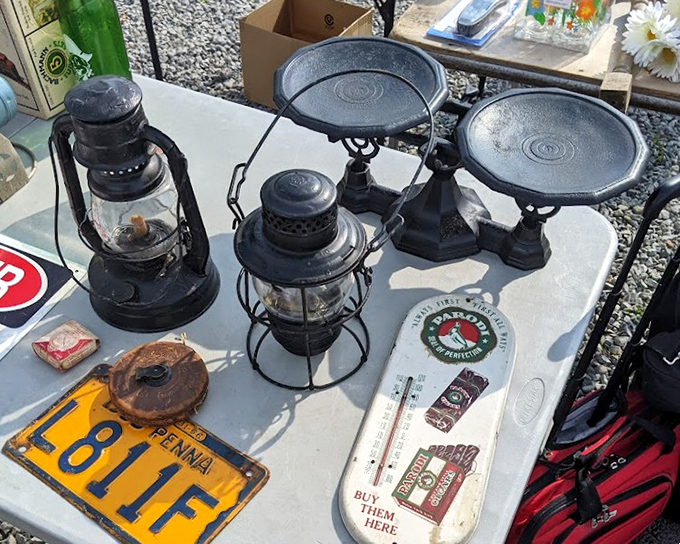 Vintage railroad lanterns and Pennsylvania license plates&mdash;everyday objects transformed into nostalgic treasures by the simple passage of time.