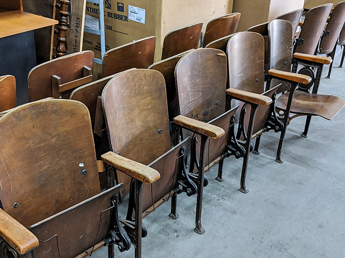 Theater seats that once held audiences captive, now waiting to add vintage charm to someone's home.