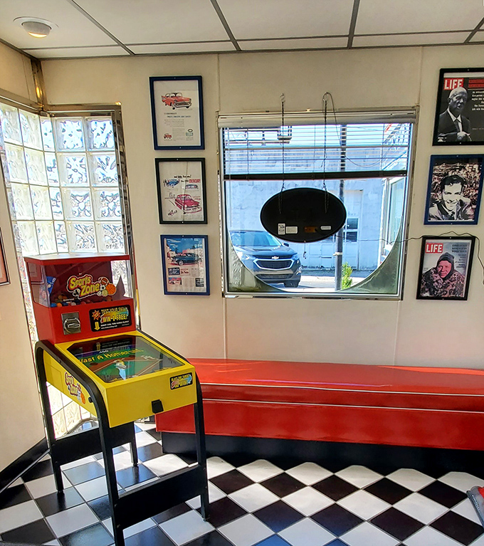The waiting area comes complete with vintage entertainment. Nothing builds appetite like a quick game on the pinball machine while eyeing other diners' plates.