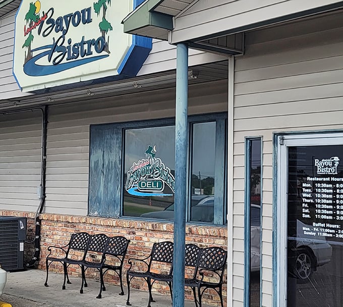 Benches outside offer a spot to wait when the lunch crowd descends—because good buffets attract loyal followers quickly.