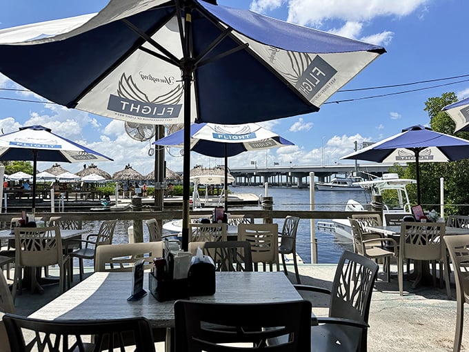 The waterfront patio offers front-row seats to nature's show, where boats glide by and the occasional manatee makes a guest appearance.