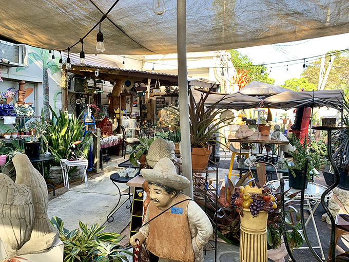 An outdoor oasis of eclectic treasures where garden gnomes find their forever homes.