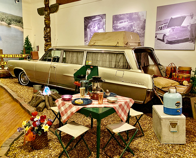 This 1960 Safari station wagon camping display captures the Great American Road Trip in amber&mdash;complete with plaid thermos and the promise of marshmallows over an open fire. 