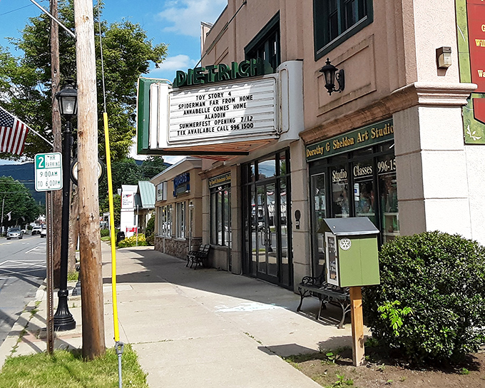 The Dietrich Theater's vintage marquee promises entertainment in a setting where the building itself is part of the show—small-town cinema with big personality.