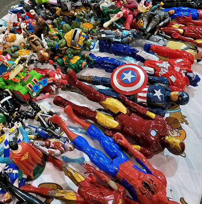 Superhero heaven! Captain America shields and Iron Man figures await collectors and kids who understand that vintage toys have superpowers of their own.