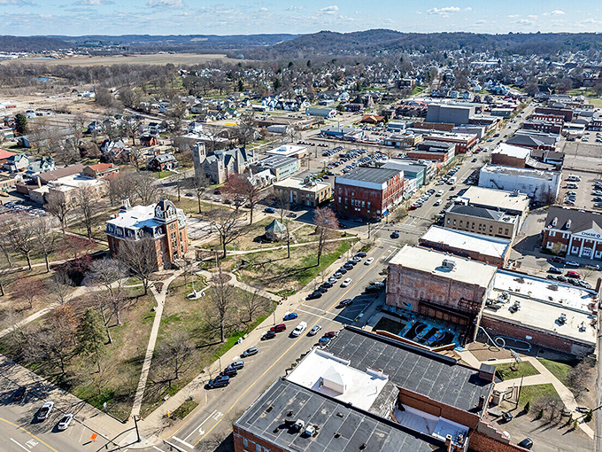 From above, Coshocton spreads out like a model train set where real people actually live.