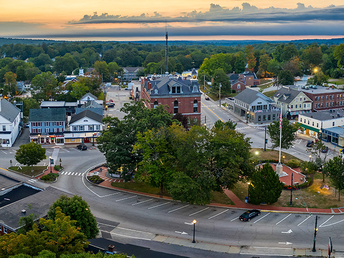 The Oval reveals itself from above as Milford's beating heart, where roads converge and the community gathers like spokes around a wheel. 