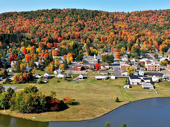 From above, Smethport reveals itself as a perfect pocket of civilization nestled among autumn-painted hills and wrapped around its signature lake.