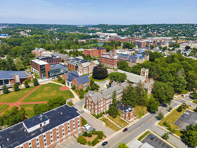 From above, Gardner reveals itself as a perfect balance of historic architecture and green spaces, a small city nestled comfortably in nature's embrace.