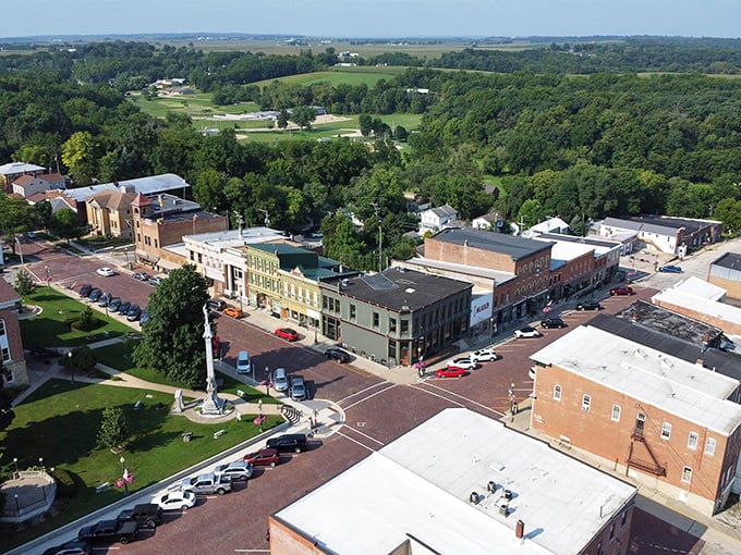 From above, Mount Carroll reveals its perfect small-town geometry&mdash;a courthouse square surrounded by history, with farmland stretching to the horizon.