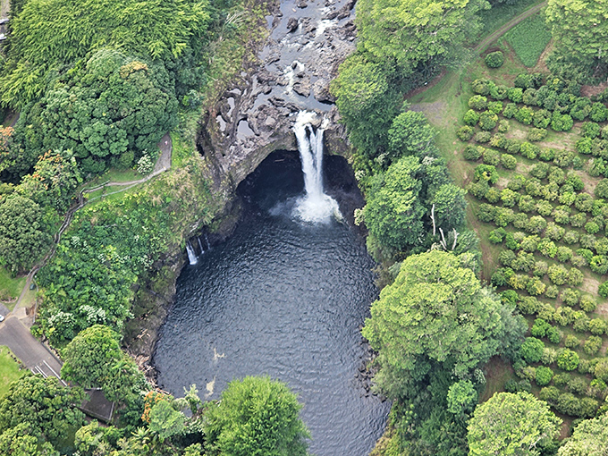 From above, Rainbow Falls looks like someone dropped a postcard into reality and forgot to pick it back up.