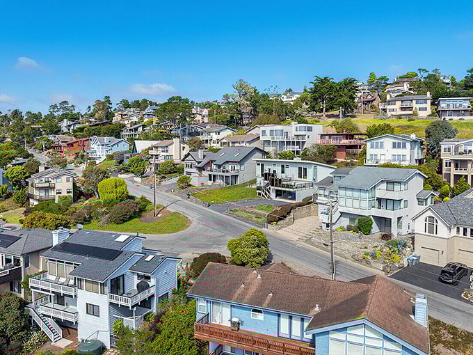 Homes cascade down Cambria's hillsides like a colorful game of Tetris, each with its own perfect slice of Pacific panorama.