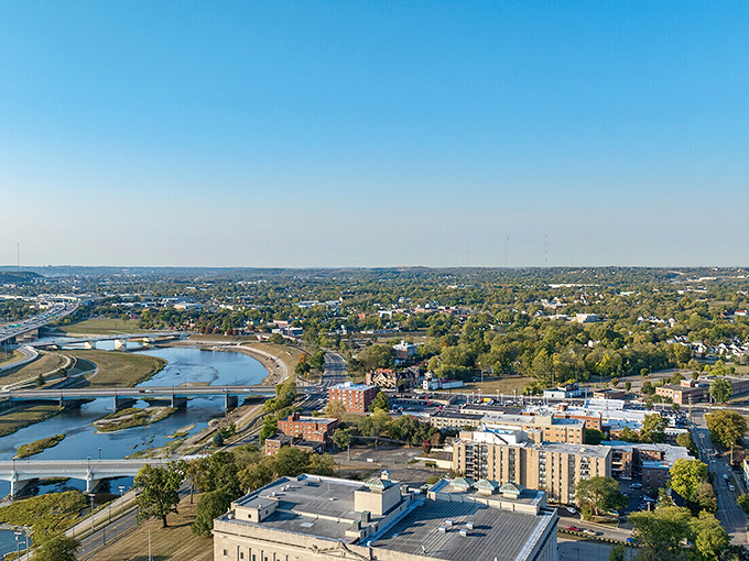 From above, Grafton reveals its perfect positioning along the river, a patchwork of neighborhoods, downtown, and green spaces woven into prairie tapestry.