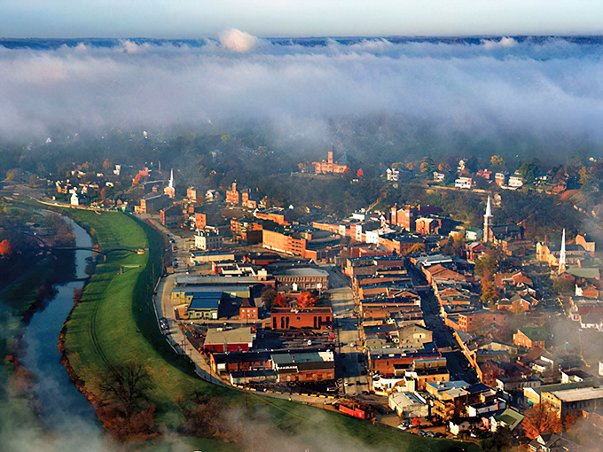 Aerial views reveal how Galena nestles into river valleys like someone carefully placed it for maximum scenic impact.