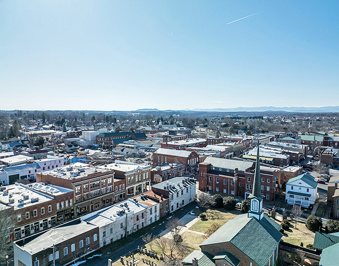From above, Culpeper reveals itself as a perfect patchwork of historic buildings, tree-lined streets, and the Blue Ridge Mountains standing guard in the distance.