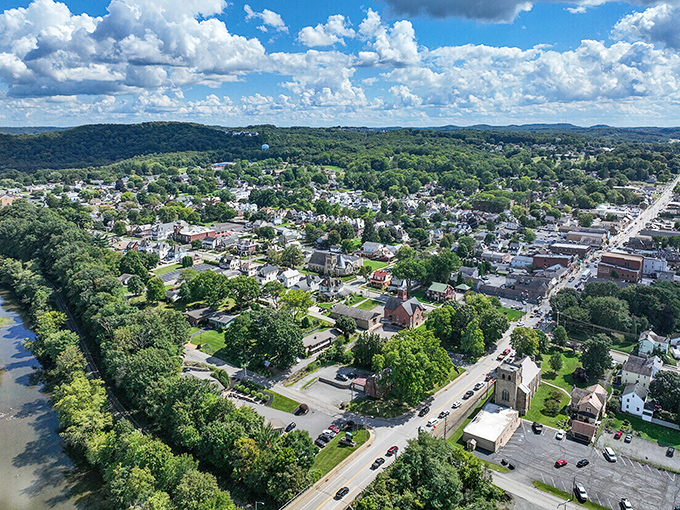 From above, Zelienople reveals its perfect balance of nature and small-town charm. Those winding streets lead to affordable homes where retirement dreams come true.