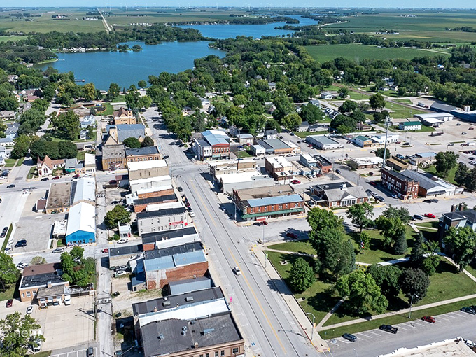 From above, Emmetsburg reveals its perfect small-town layout: a tidy downtown, tree-lined neighborhoods, and that gorgeous lake—like America's heartland in miniature.