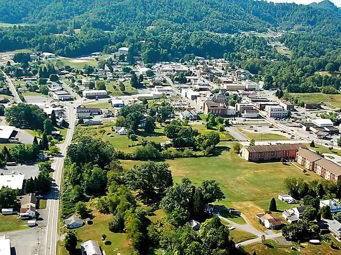 From above, Summersville reveals itself as a perfect patchwork of small-town charm nestled between mountains that hug rather than intimidate.