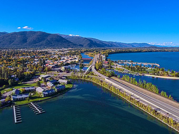 This bird's-eye view reveals Sandpoint's perfect positioning&mdash;nestled between mountains and lake, connected by bridges that bring this picturesque community together.
