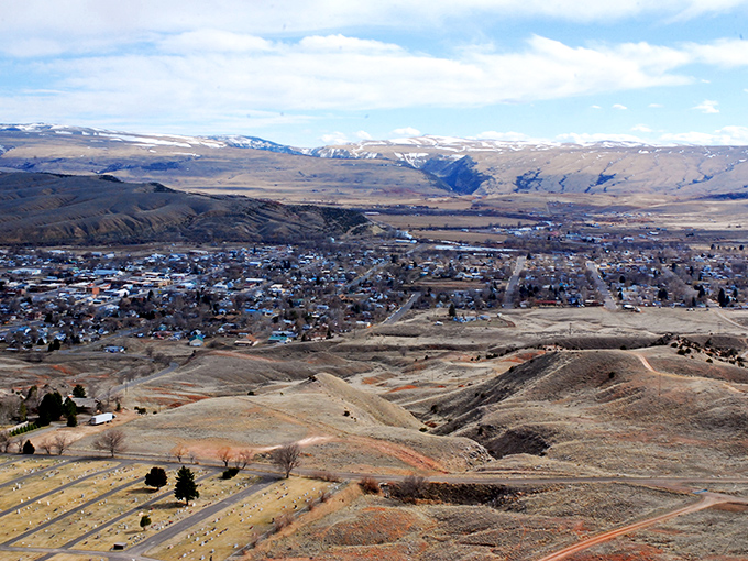 Aerial view of Thermopolis reveals a compact town surrounded by endless landscapes&mdash;small footprint, massive possibilities.