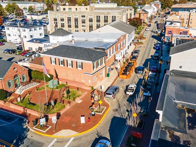 This aerial view reveals Elkton's thoughtful layout, where historic preservation meets practical small-town planning &ndash; proving you don't need skyscrapers to build a complete community.
