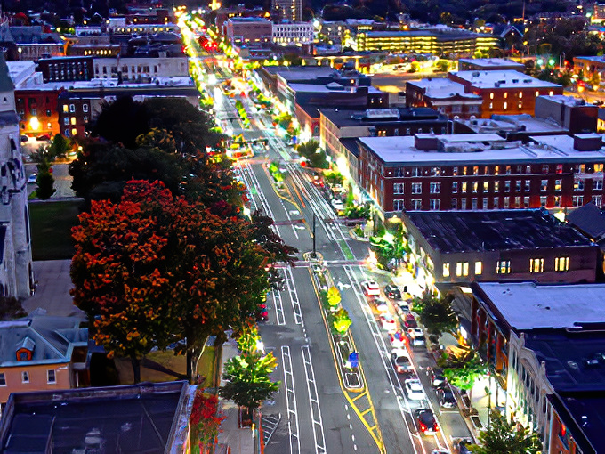 North Street comes alive after dark, a ribbon of light cutting through downtown Pittsfield like a glowing artery of Berkshire nightlife.
