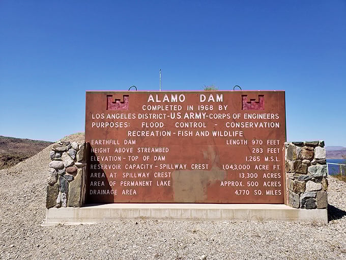 The Alamo Dam sign stands as a monument to human ingenuity. Behind these facts and figures lies an engineering marvel that created a desert oasis.