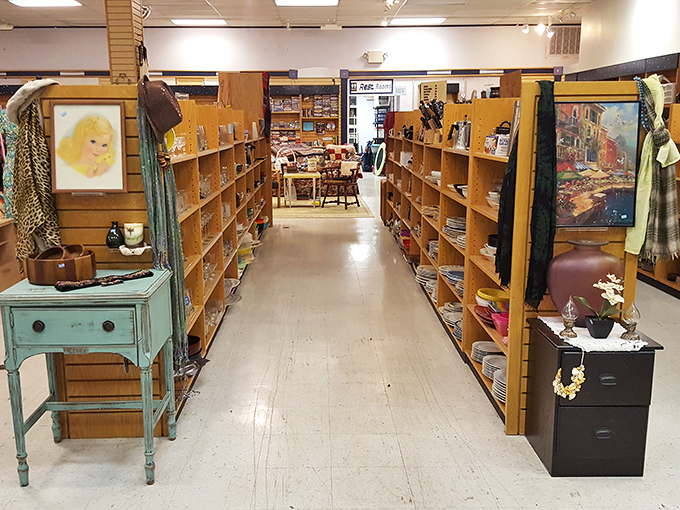 Aisles of possibility where treasures hide in plain sight. The mint-green side table is practically begging to become someone's "amazing thrift find" story.