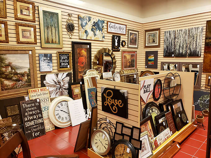 Wall art for every taste lines this gallery-like section. From inspirational quotes to landscapes, your walls need never be naked again.