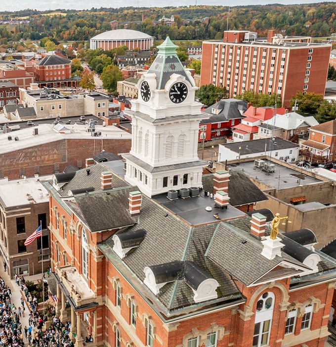 From above, Athens reveals itself as a perfect blend of historic architecture, academic ambition, and natural beauty, with the courthouse clock tower standing sentinel.