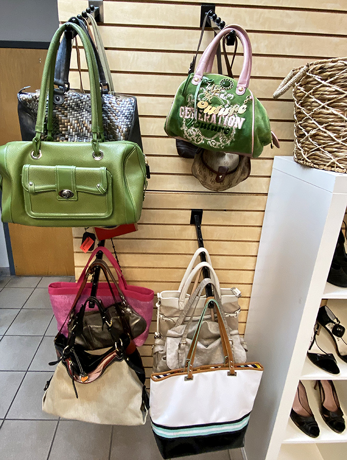 Handbag heaven for the fashion-forward bargain hunter. That green leather number could easily be mistaken for this season's must-have.