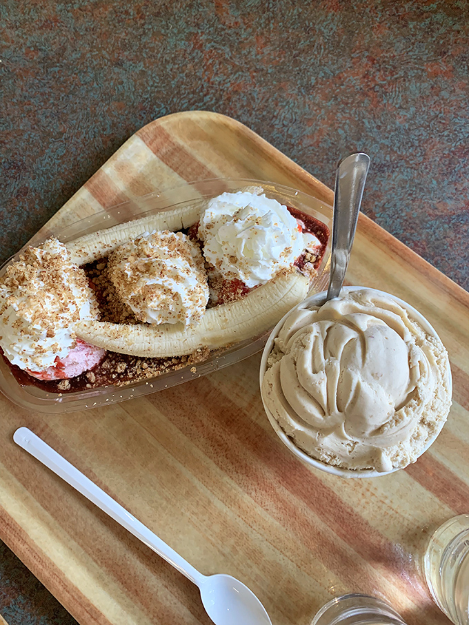 The banana split arrives like edible architecture&mdash;a masterpiece of fruit, ice cream, and toppings that makes you wonder if it's too beautiful to eat. Almost.