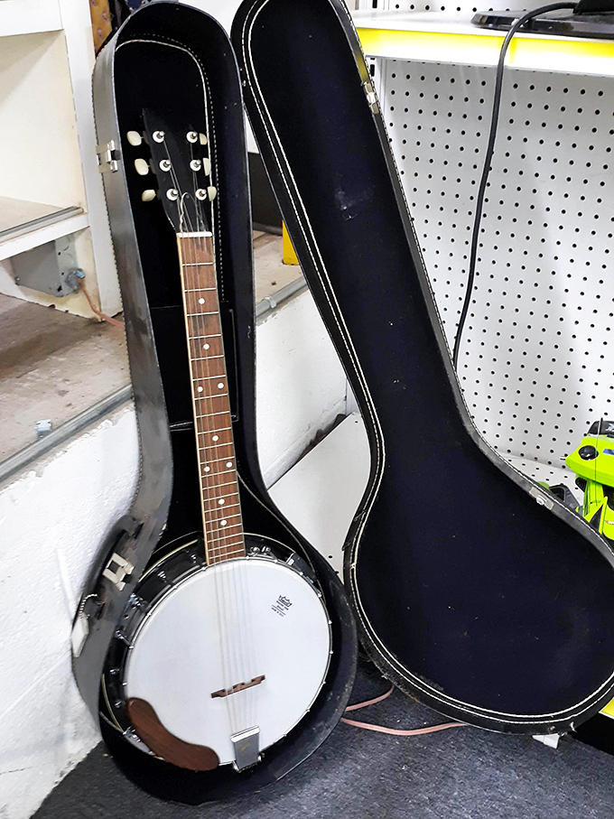 A banjo in its case &ndash; proof that musical dreams await at thrift prices. Someone's abandoned hobby could become your new passion project.