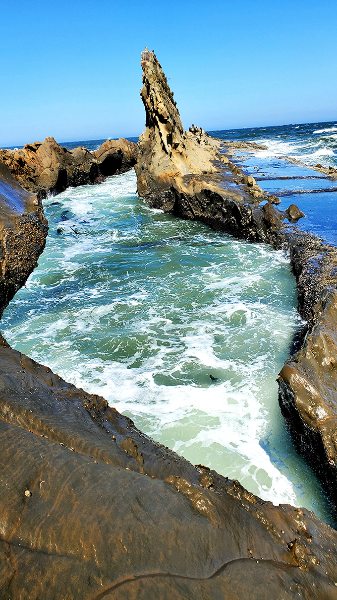 Nature's perfect infinity pool&mdash;Bastendorff Beach's dramatic rock formations create secluded coves where the Pacific plays an endless game of tag with the shore.