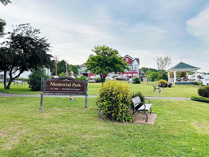 Memorial Park's manicured greenspace serves as Bayfield's community living room, where benches invite you to stay awhile and watch the world float by.