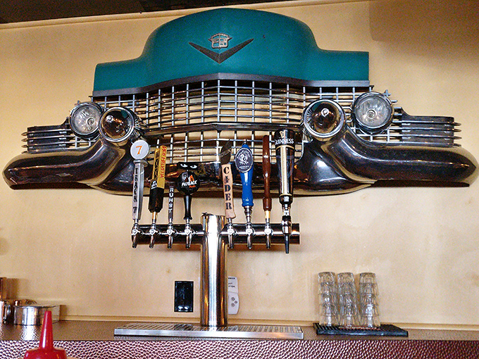 Vintage car grille repurposed as a beer tap system? Genius! This creative touch proves 319 Broderick knows how to merge nostalgia with functionality.