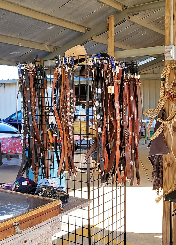Leather belts dangle like licorice strands at an old-fashioned candy store. The perfect accessory for holding up both your pants and your bargain-hunting reputation.