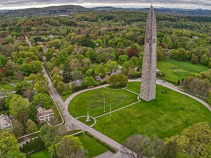 Aerial view showing the monument rising above tree canopy &ndash; Vermont's way of saying "don't overlook us."
