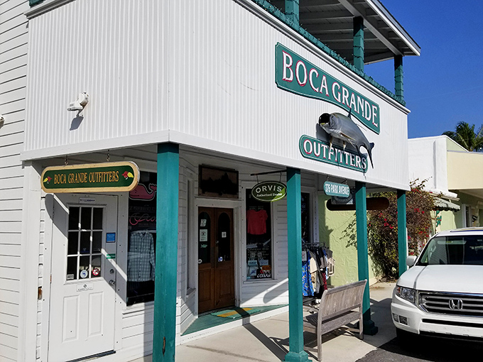 Boca Grande Outfitters caters to the island's legendary fishing culture. The weathered bench outside invites tales of the one that got away.