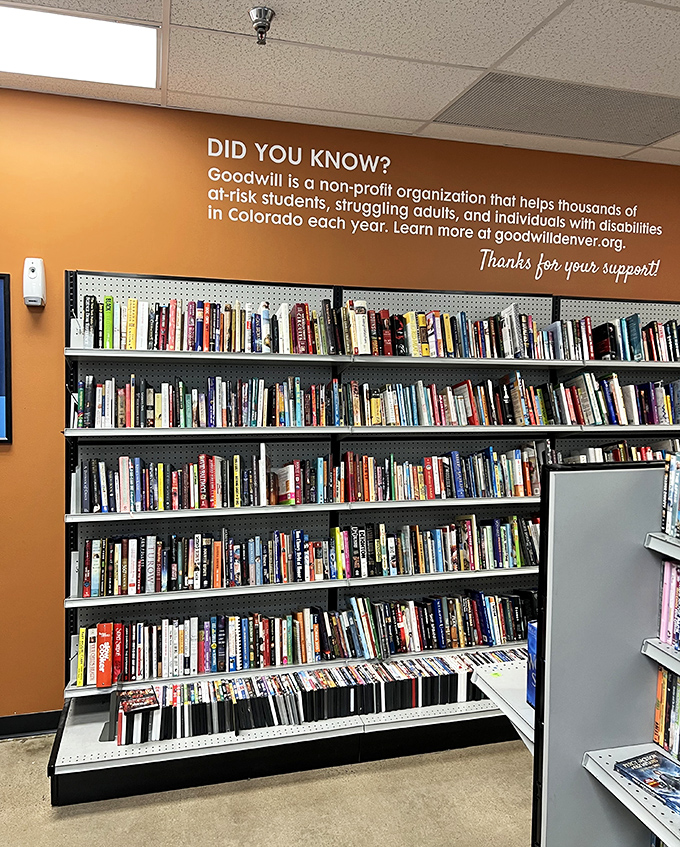 The book section reveals Goodwill's educational mission, where literary treasures await new readers while supporting community programs.
