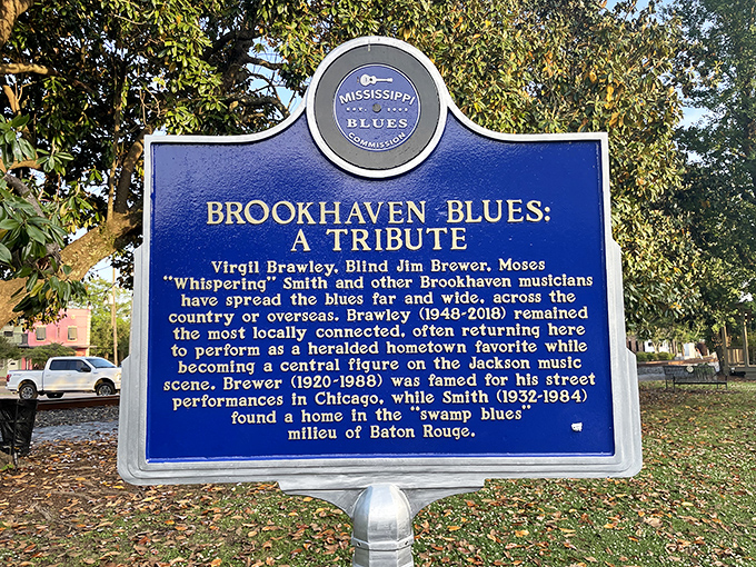 Brookhaven's blues heritage runs deep. This historical marker reminds us that some of America's most soulful music has roots in Mississippi's rich cultural soil.