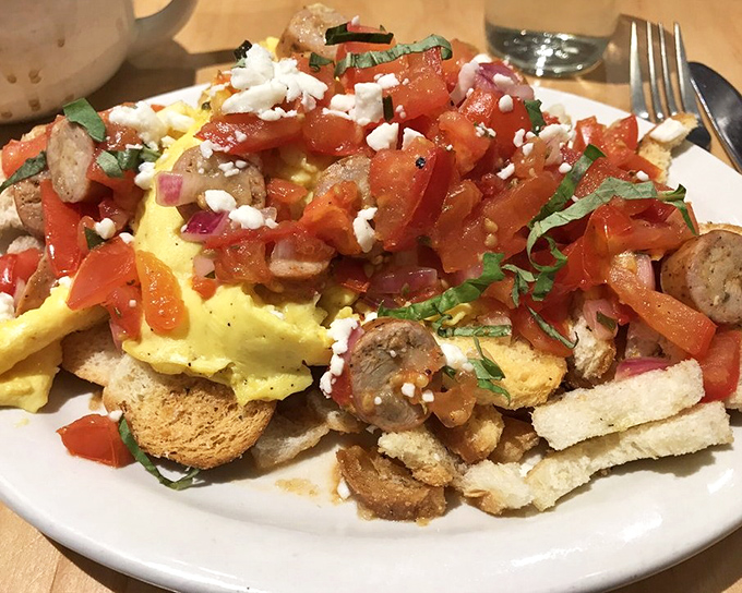 Bruschetta that brings the Mediterranean to the Midwest. Eggs, sausage, and fresh tomatoes create a breakfast United Nations.