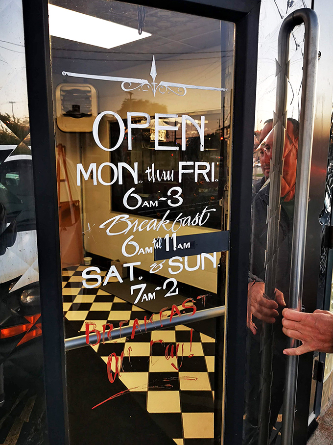 The door that promises breakfast salvation six days a week. Those hours aren't just a schedule&mdash;they're a commitment to feeding Cleveland properly.