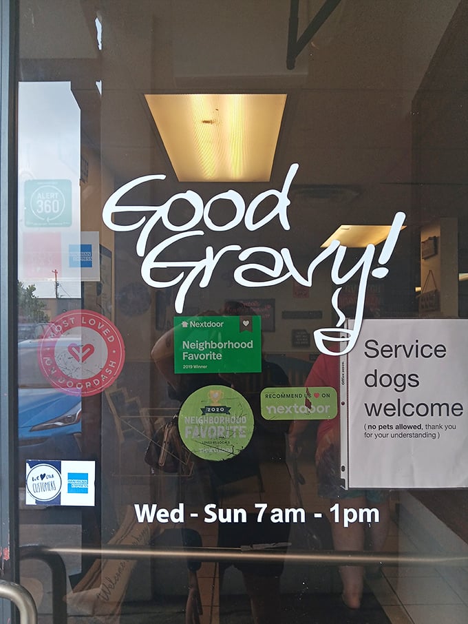 The front door announces the hours and welcomes service dogs &ndash; a final friendly touch from a restaurant that understands hospitality.