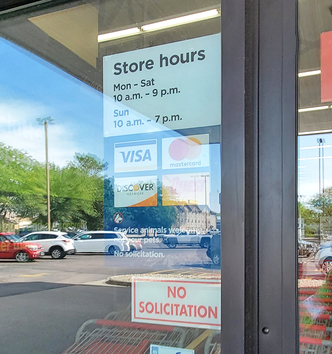 Store hours proudly displayed &ndash; the sacred schedule of when bargain hunters can pursue their passion for previously-owned treasures.