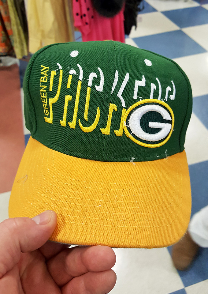 A pristine Packers cap&mdash;evidence that even Wisconsin fans occasionally clean out their closets. In Vikings territory, this is either treasure or trash, depending on your allegiance.