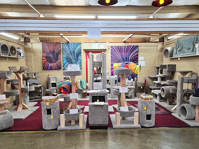 Cat condos that would make any feline feel like royalty. Against a backdrop of psychedelic art, these carpeted castles await their furry occupants.